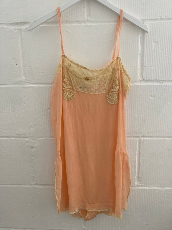1920s 1930s Silk Chiffon Peach Teddy Playsuit Champag… - Gem