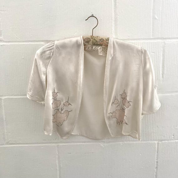 1930s 1940s Silk Satin Short Bolero Embroidered Flowe… - Gem