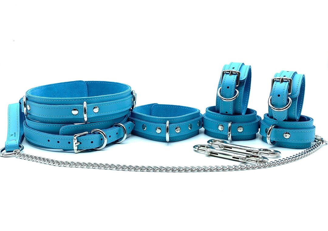 7 Piece Bondage Kit vienna, Light Blue Leather Restraint Set, Collar ...