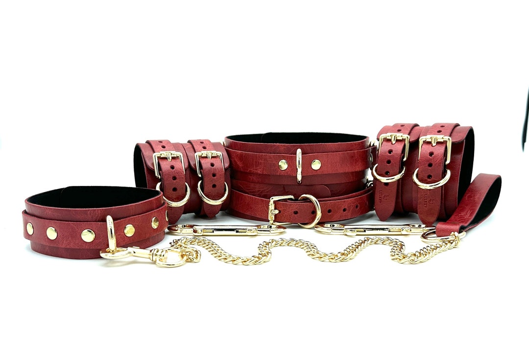 Leather Bondage Set 7pieces, ARYA, Red BDSM Custom Size Restraints ...