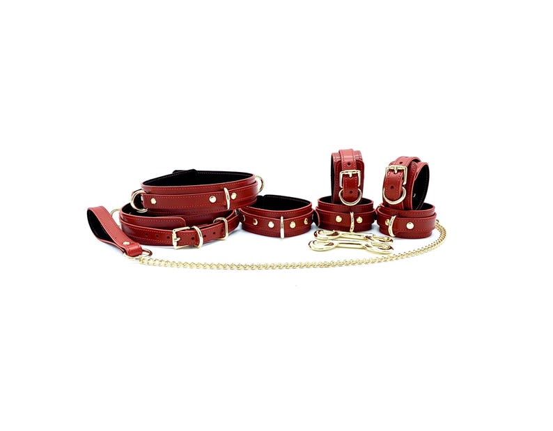 Red Bondage Set TANGO, Italian Leather BDSM Restraints Kit, Collar and ...