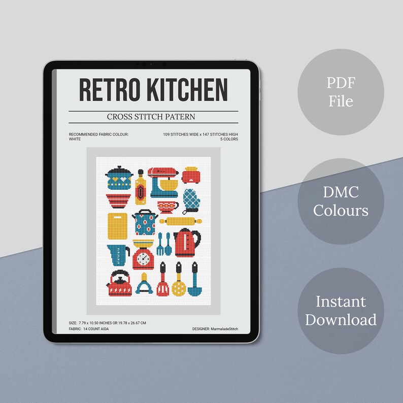 Retro Kitchen Counted Cross Stitch Pattern, Vintage Kitchen Utensils ...