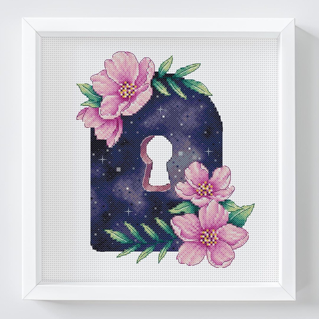 Floral Galaxy Keyhole Cross Stitch Pattern PDF, Pink Flowers, Cosmos ...