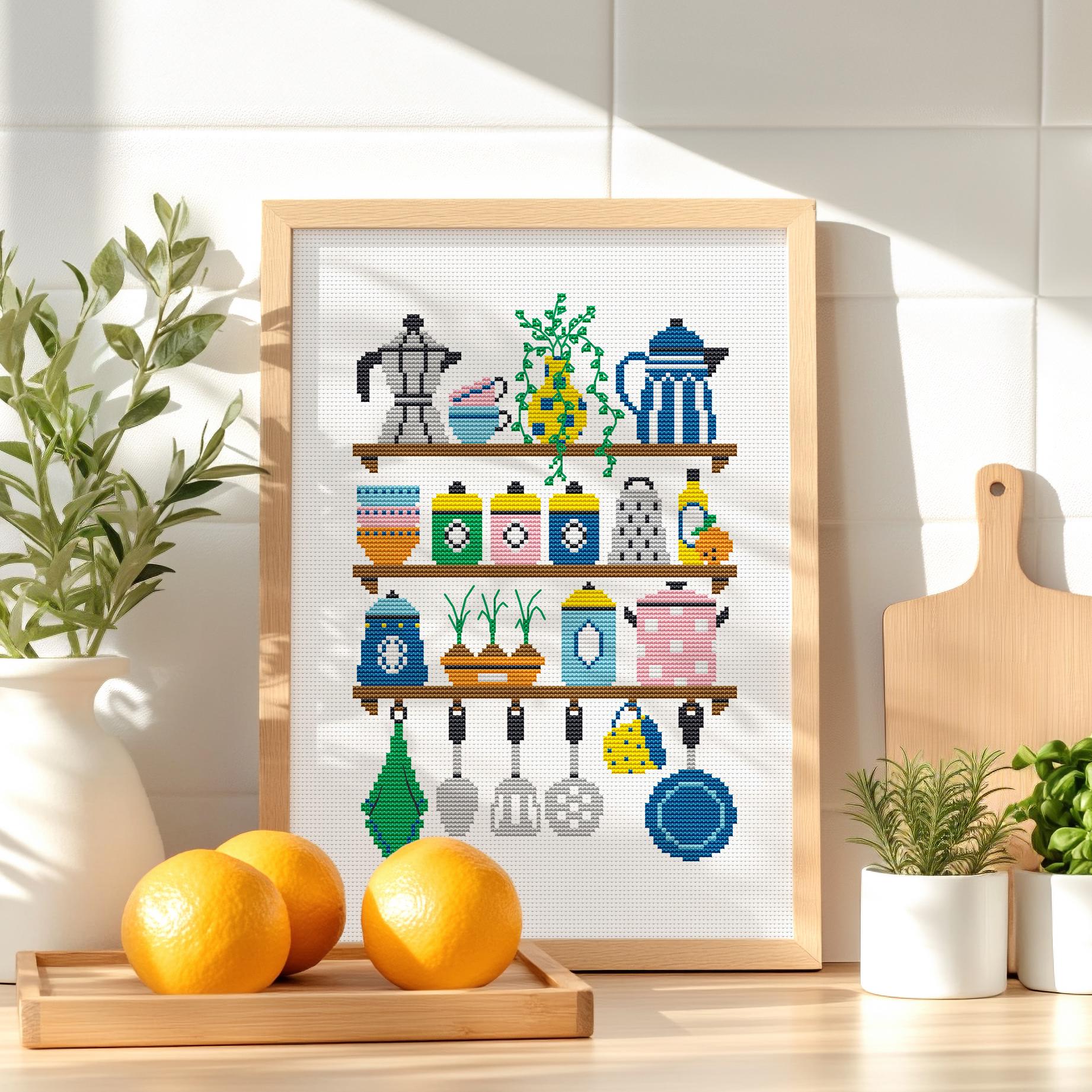 Cozy Kitchen Counted Cross Stitch Pattern, Kitchen Shelves, Cooking ...