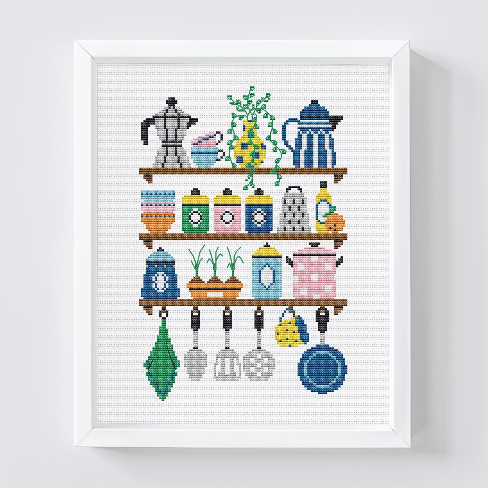 Cozy Kitchen Counted Cross Stitch Pattern, Kitchen Shelves, Cooking ...