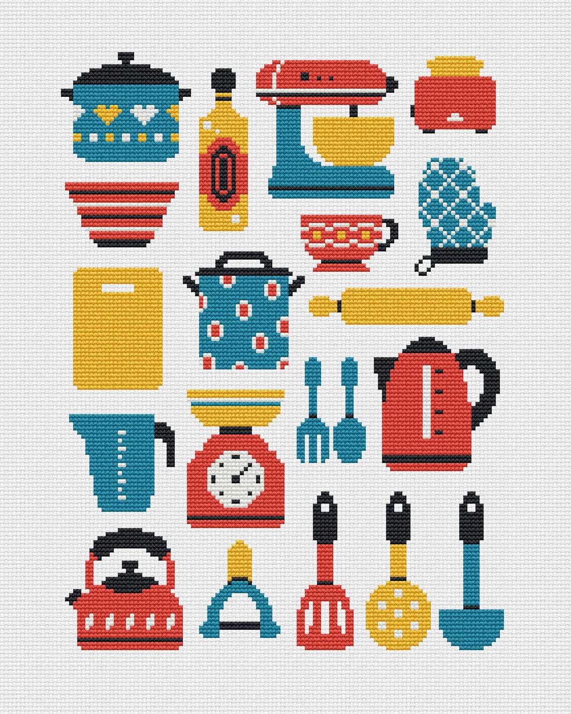 Retro Kitchen Counted Cross Stitch Pattern, Vintage Kitchen Utensils ...