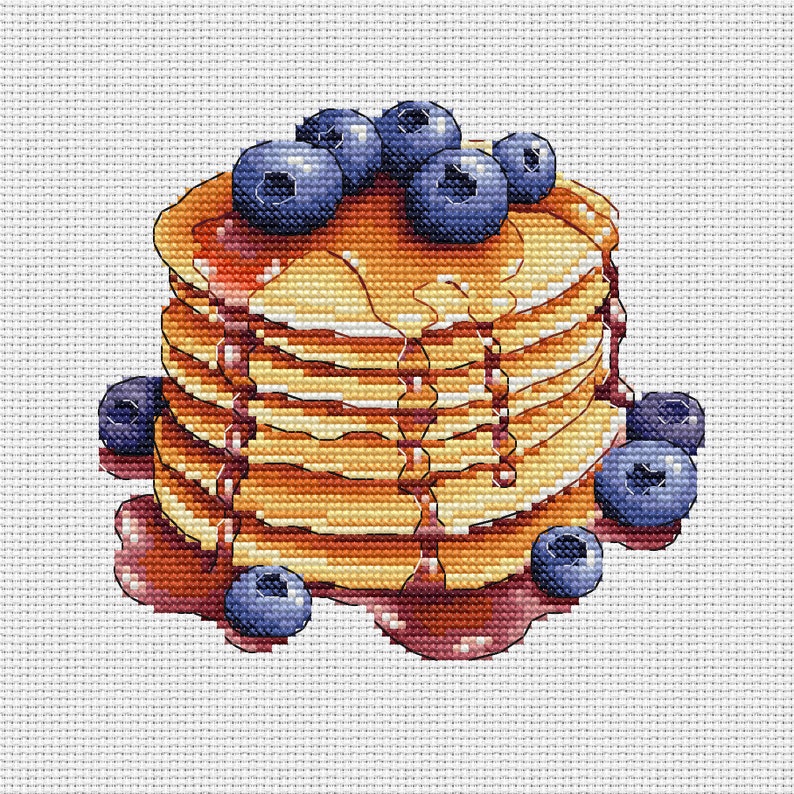 Fruit Blueberry Pancakes Cross Stitch Pattern, Fluffy Hotcakes With Maple Syrup Cross Stitch ...
