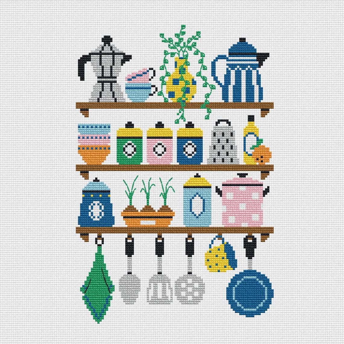 Cozy Kitchen Counted Cross Stitch Pattern, Kitchen Shelves, Cooking ...