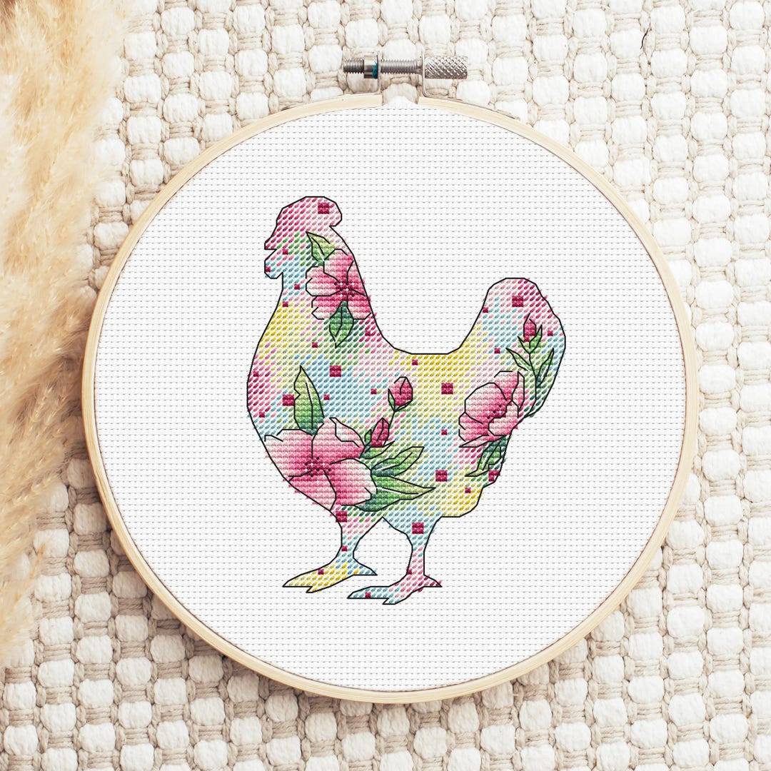 Spring Chicken Counted Cross Stitch Pattern, Floral Hen Xstitch Chart ...
