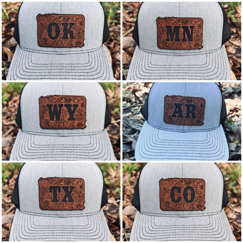 State Abbreviation Faux Tooled Leatherette Hat Patch With Adhesive ...