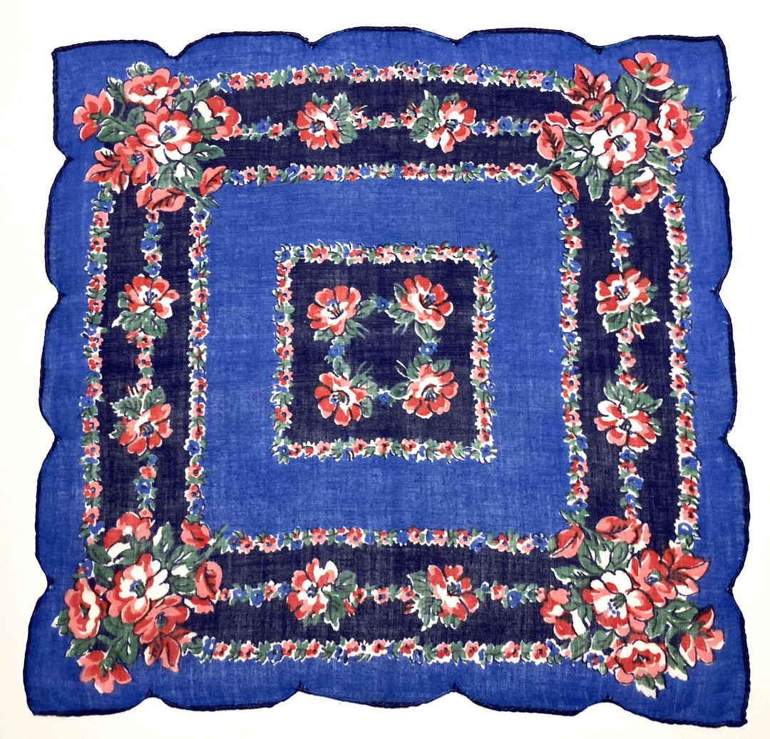 Vintage Blue Hankie With Red Floral Design - Etsy