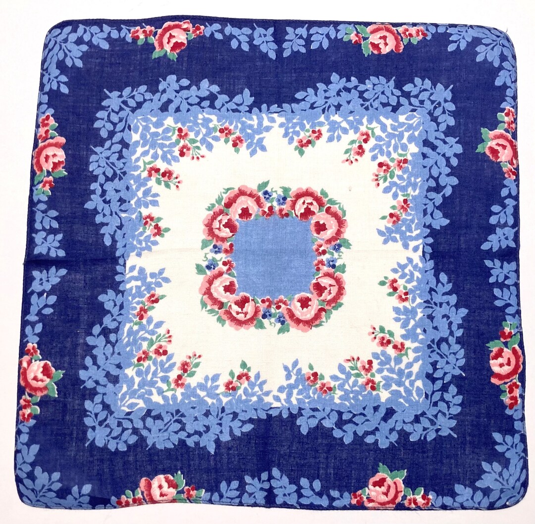 Vintage Blue & White Hankie With Floral Design - Etsy
