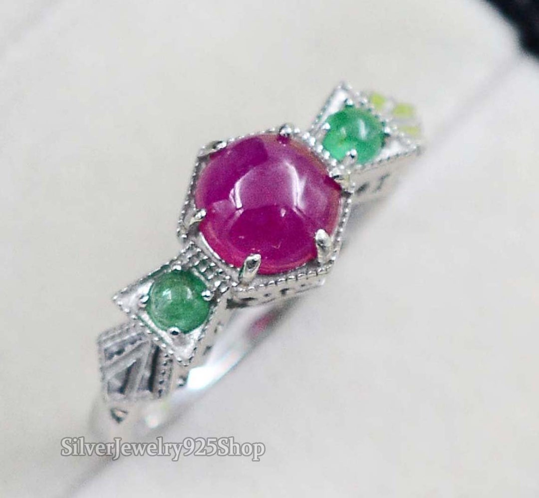 Natural Ruby & Emerald Ring/ 925 Sterling Silver/ Two Stone - Etsy