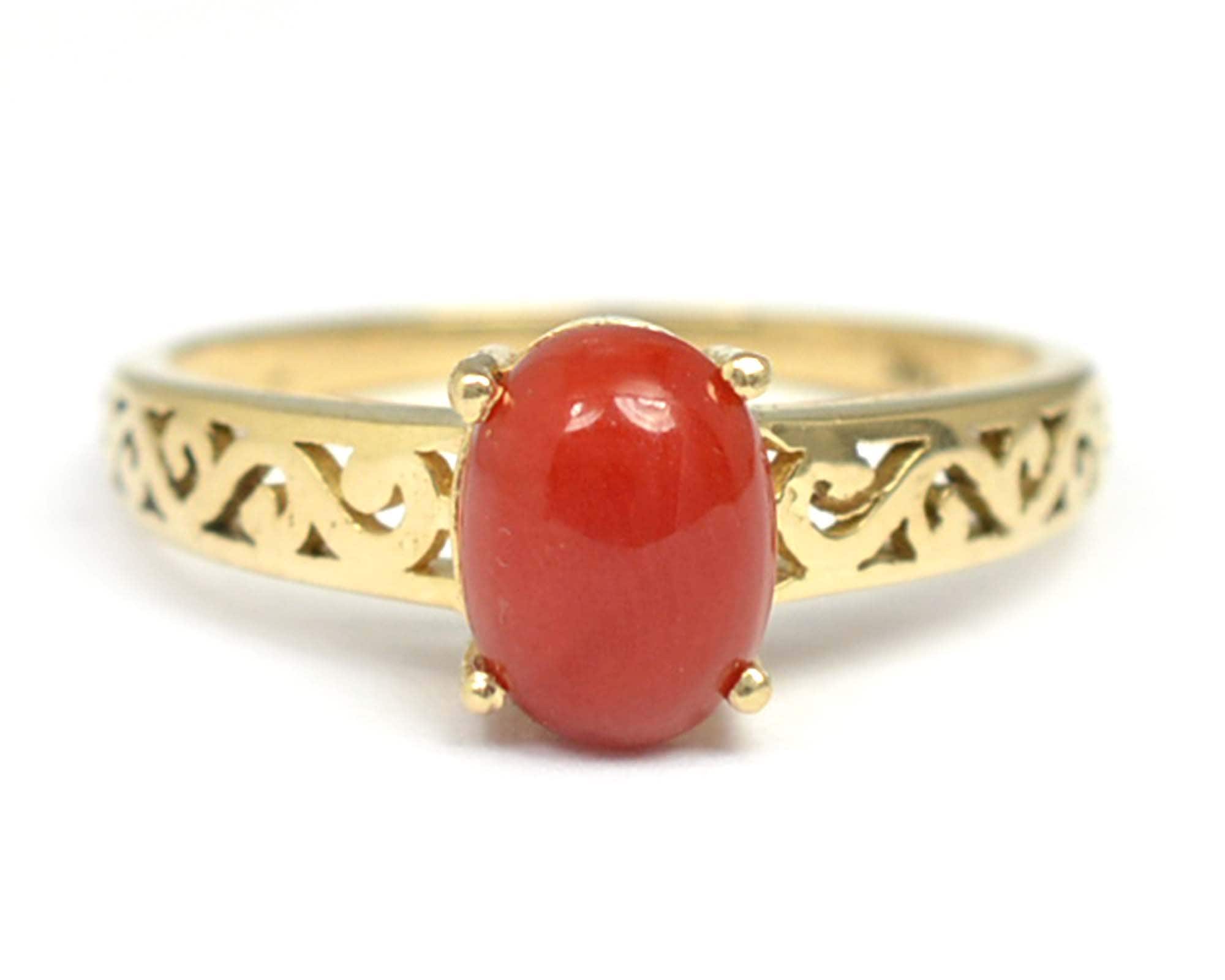 Natural Red Coral Ring Solid 14K Real Gold Ring Wedding - Etsy