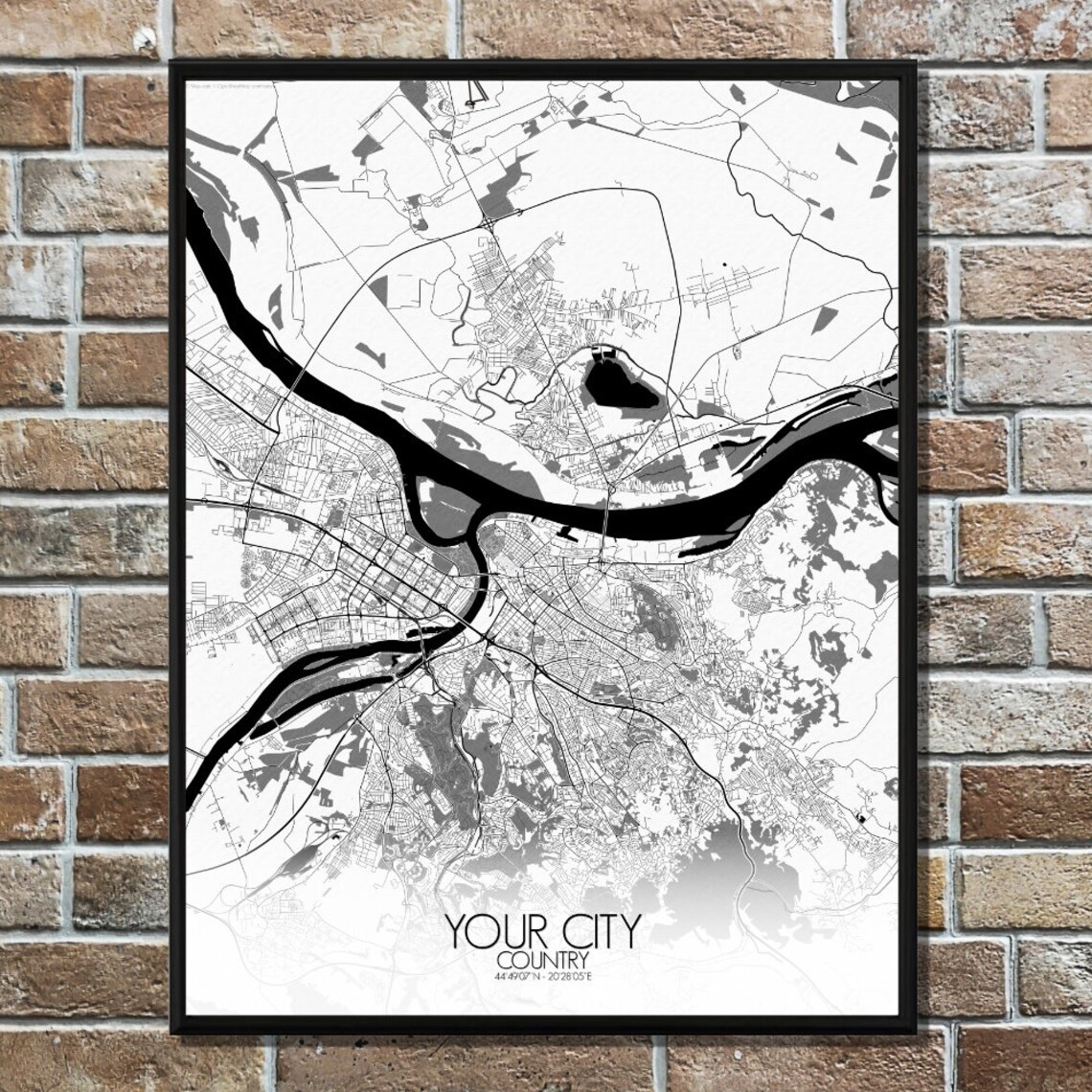 Custom map Black and White Design City Map Print Large | Etsy