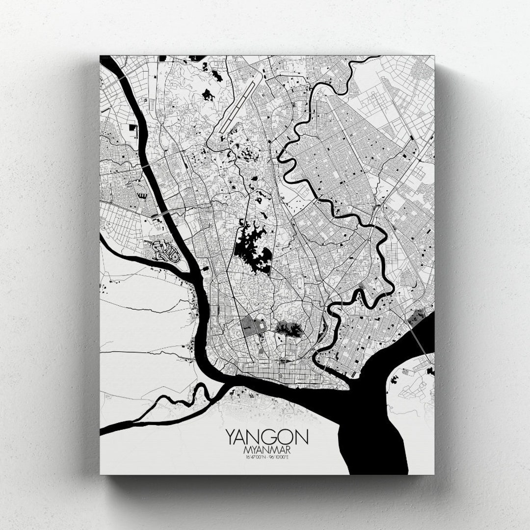 Yangon, Myanmar | City Map of Yangon, Canvas, City Streets Poster, Asia ...