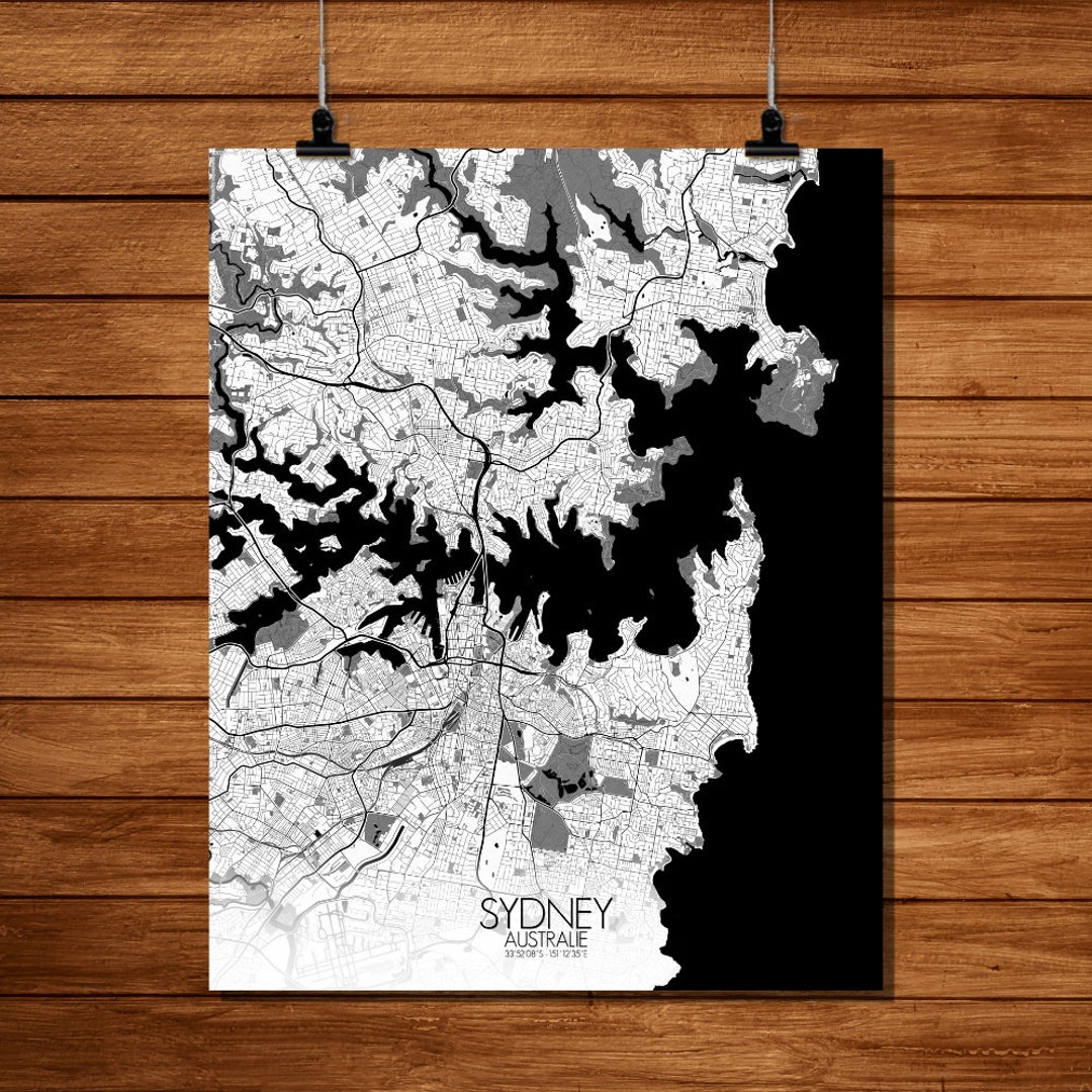 Sydney City Map Print: Modern Black and White Street Art Poster - Etsy