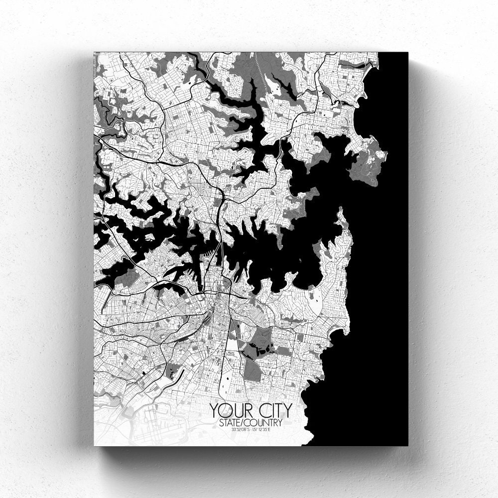 Custom map Black and White Design City Map Print Large | Etsy