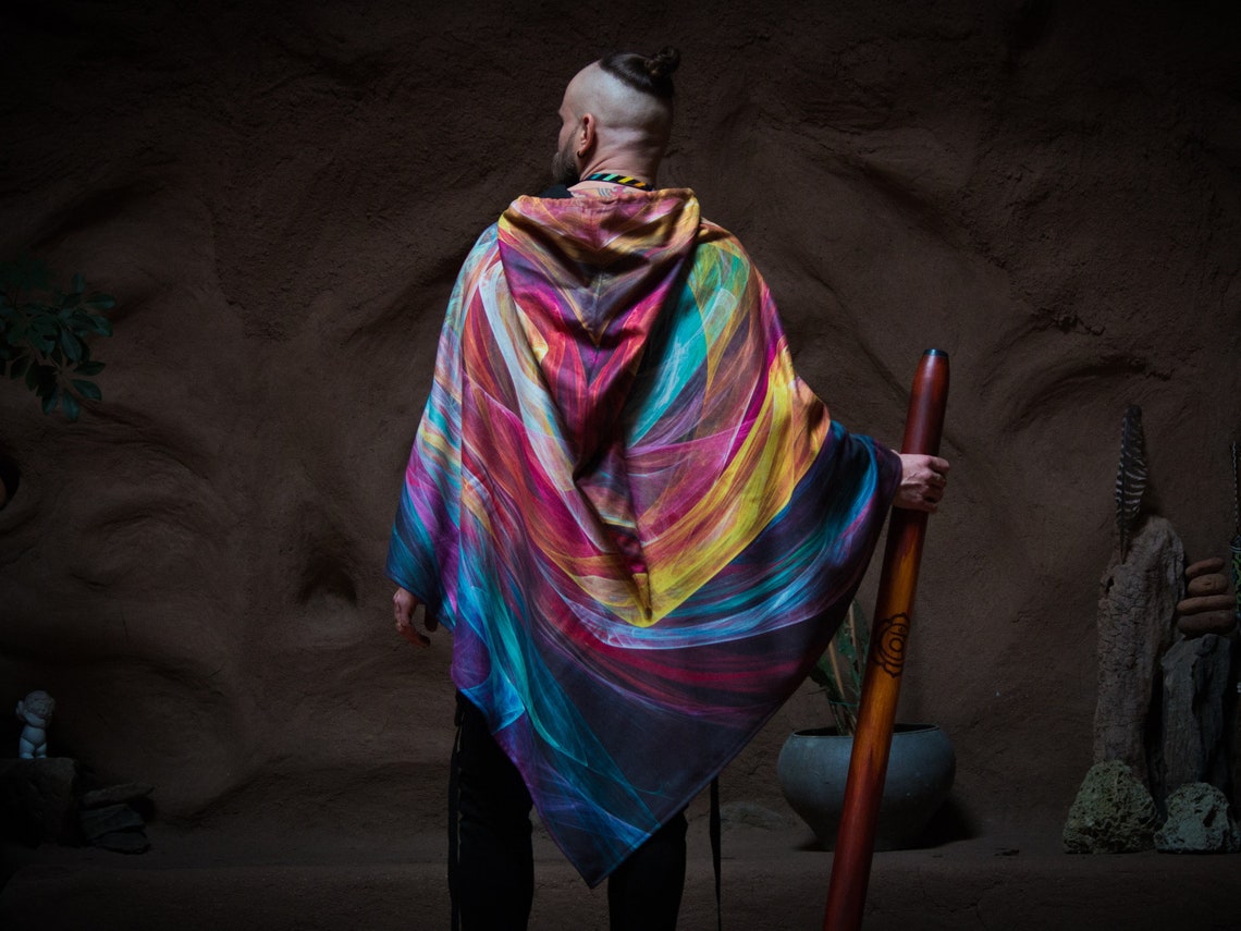 Rainbow Hooded Poncho Psychedelic Abstract Hippie - Etsy