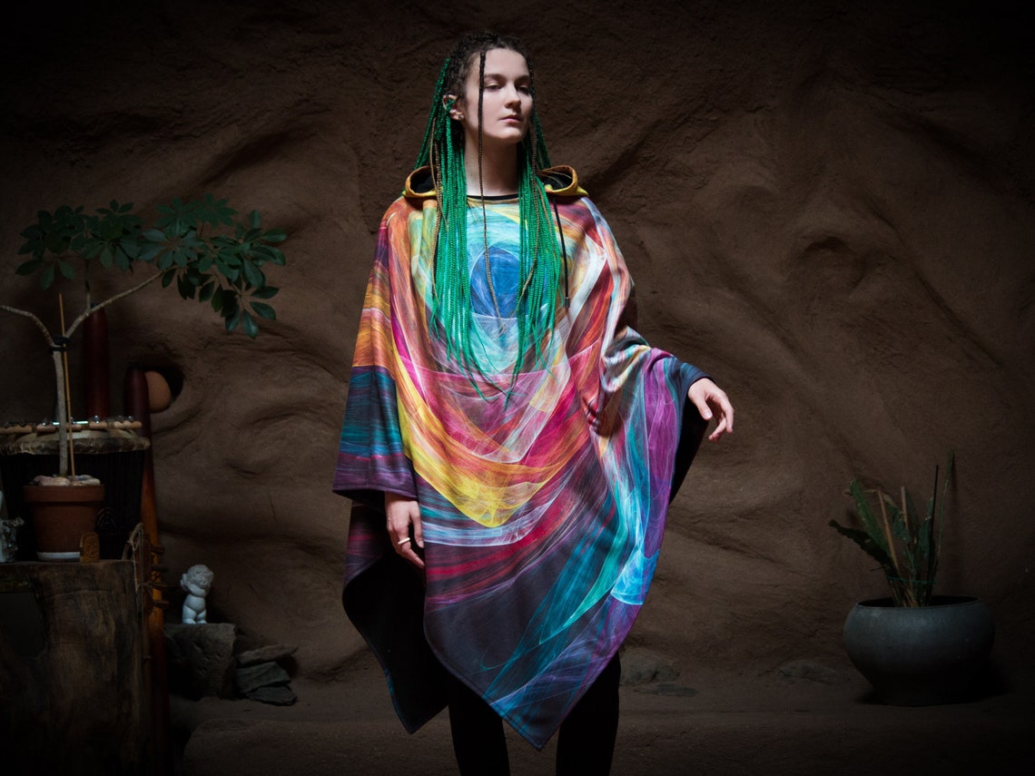 Rainbow Hooded Poncho Psychedelic Abstract Hippie - Etsy
