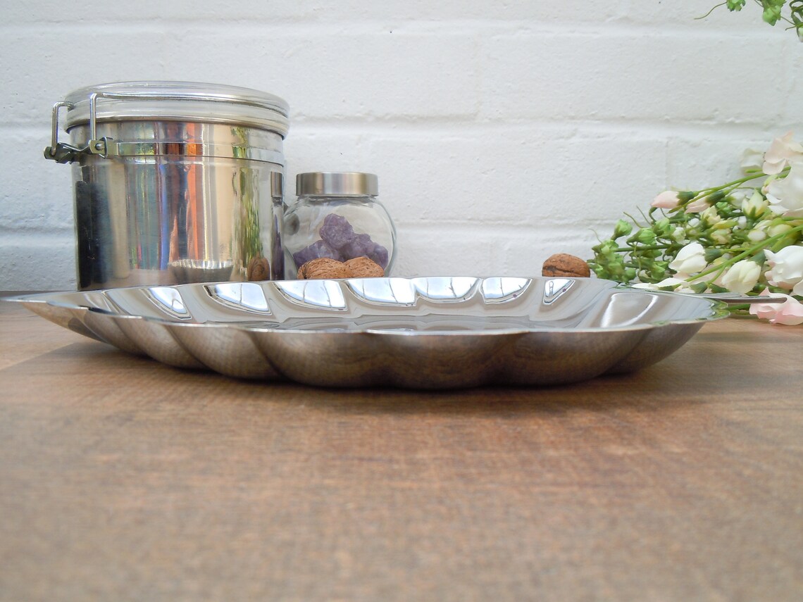 Vintage 70s 80s Stainless Steel Tray Leaf Decor Empty Pocket Serving ...