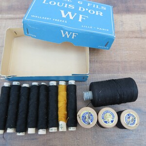 Black and Yellow Thread Spools Old Haberdashery Box in Blue Cardboard ...