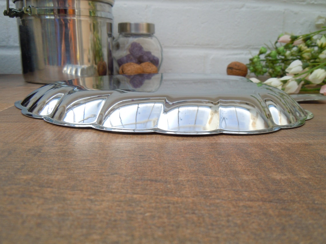 Vintage 70s 80s Stainless Steel Tray Leaf Decor Empty Pocket Serving ...