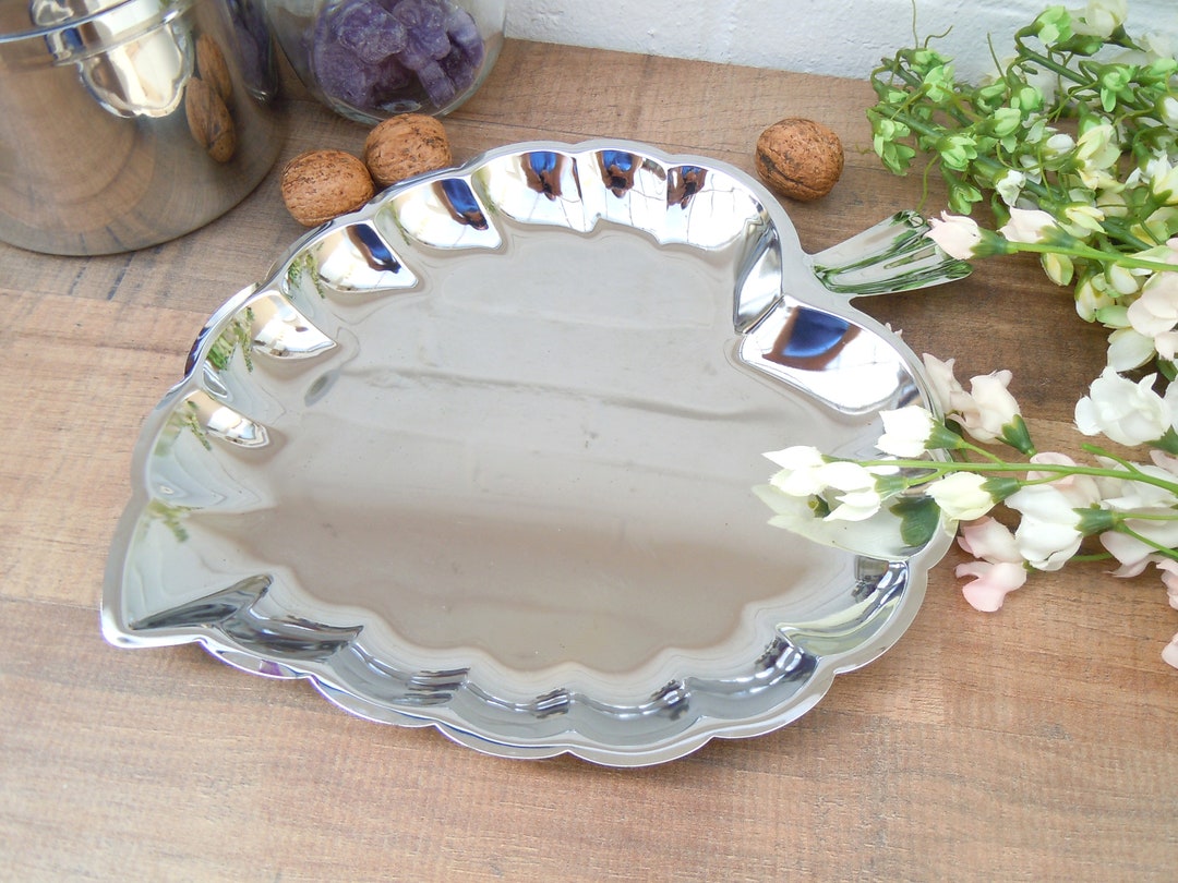 Vintage 70s 80s Stainless Steel Tray Leaf Decor Empty Pocket Serving ...