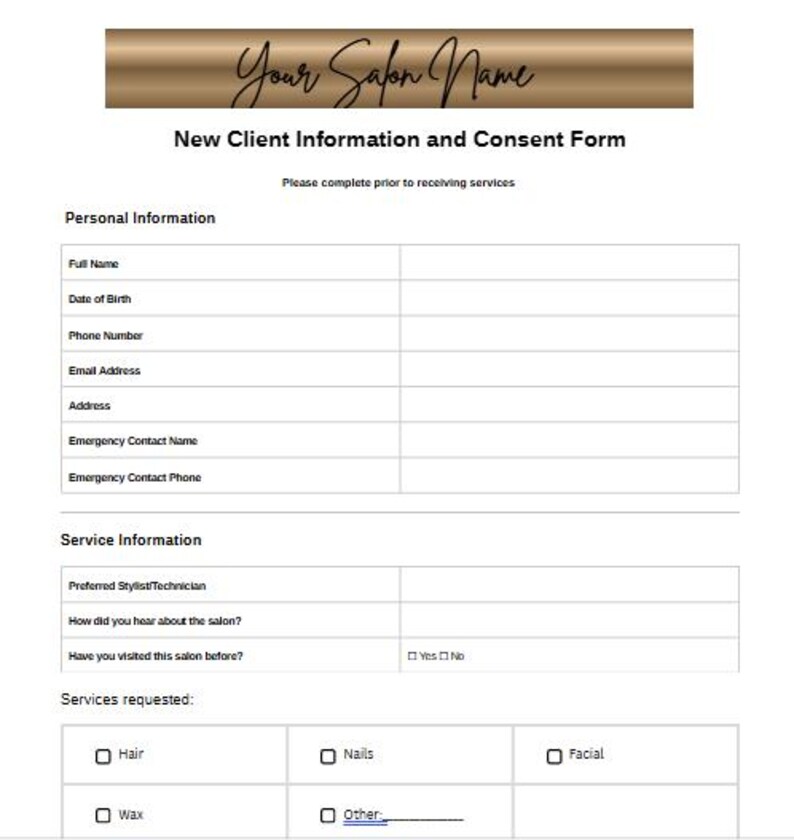 Salon New Client Information and Consent - Etsy