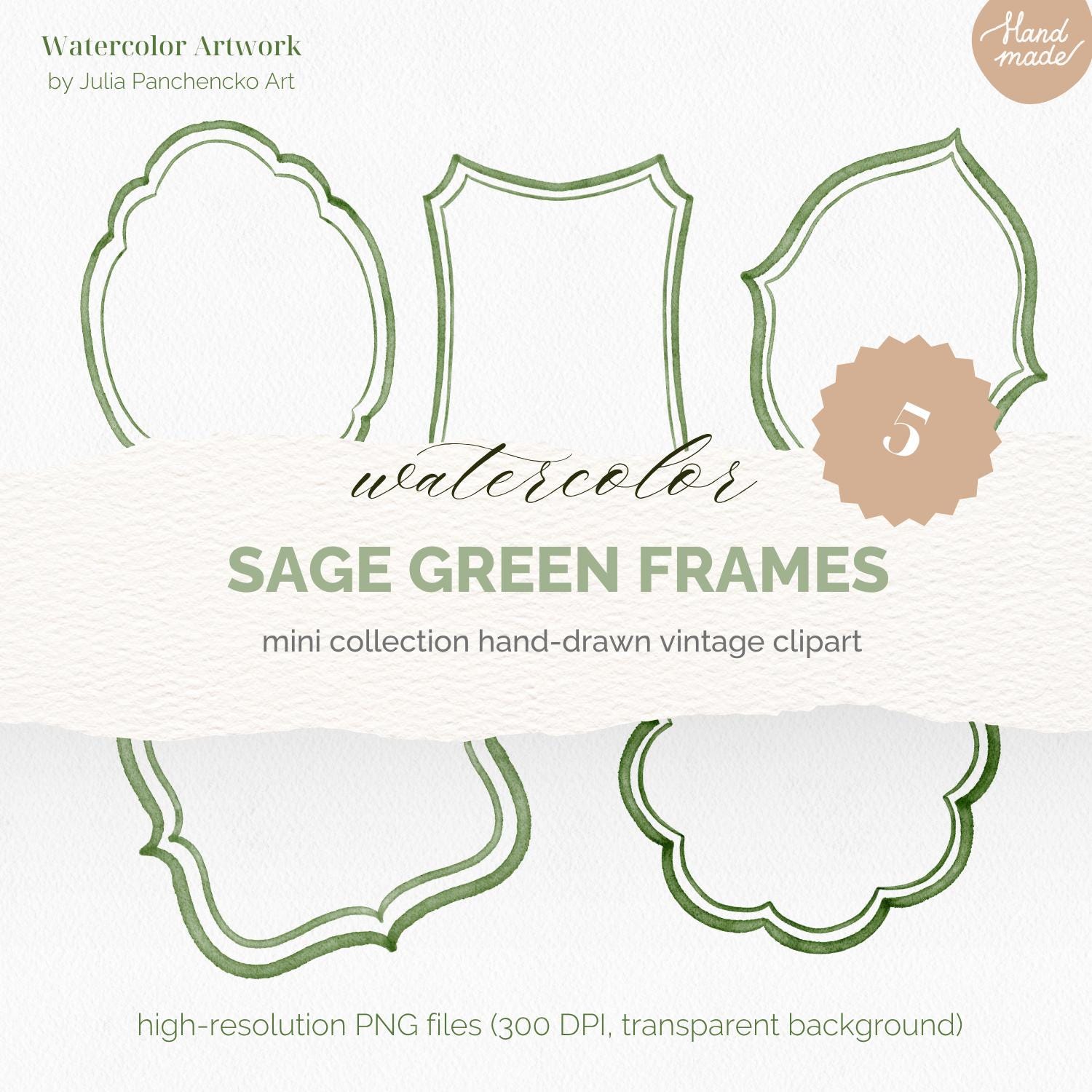 Sage Green Watercolor Frames Clipart – 5 Vintage Hand Drawn Label Pngs ...