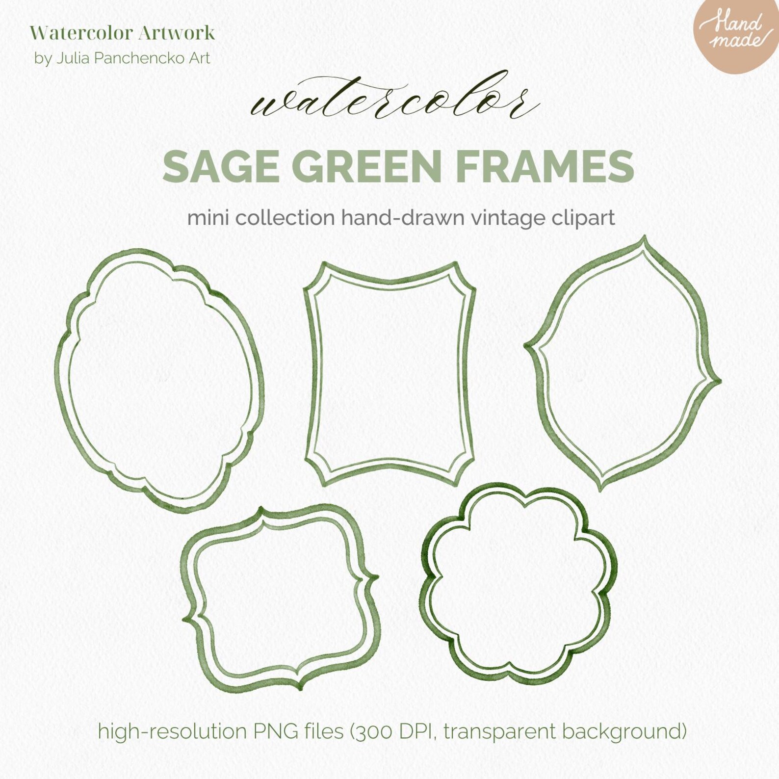 Sage Green Watercolor Frames Clipart – 5 Vintage Hand Drawn Label Pngs ...