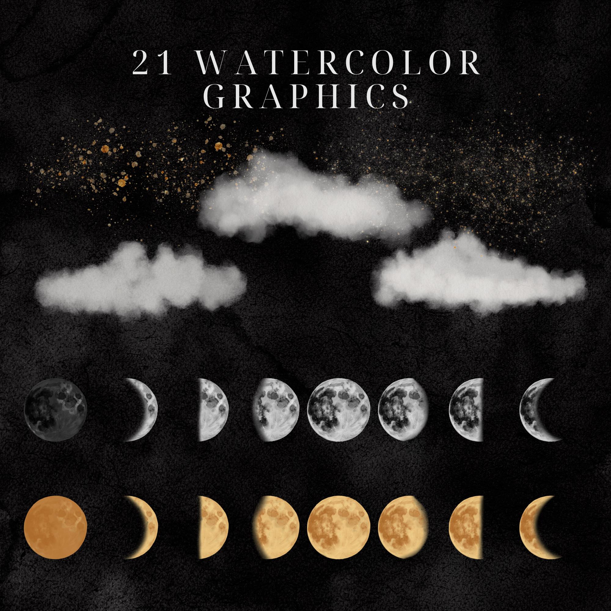 Watercolor Moon Phases Clipart | Transparent Pngs | 21 IMAGES | Hand ...