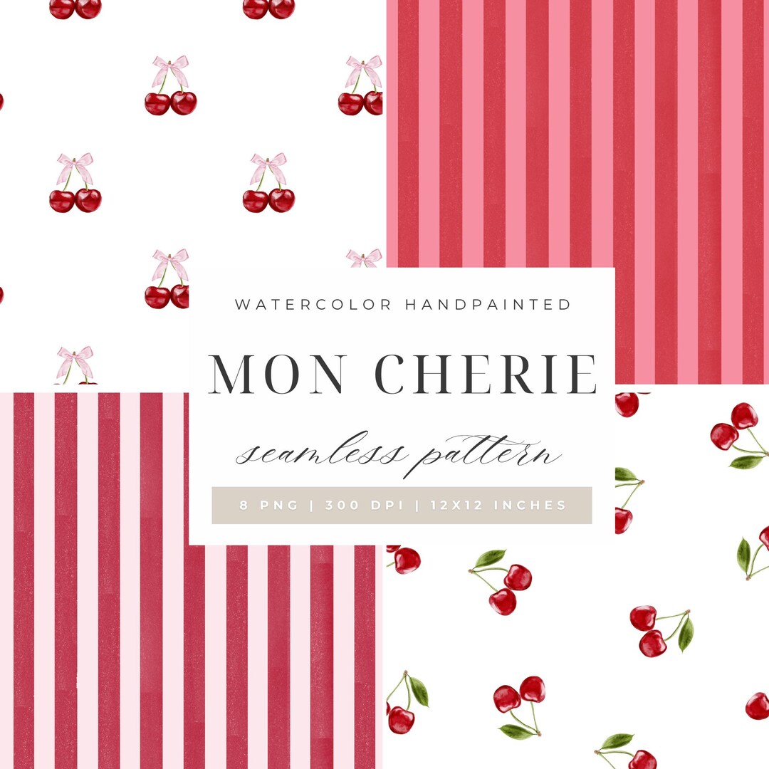 Mon Cherie Seamless Watercolor Cherry Pattern | Red Pink Stripes ...