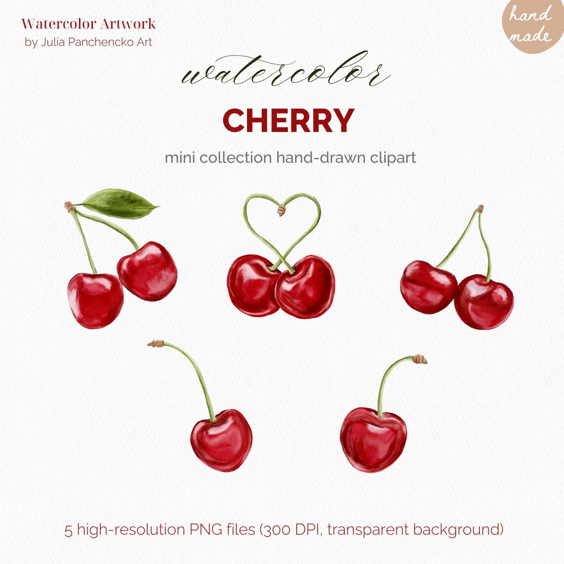 Watercolor Cherry Clipart | Red Fruit Illustration | Heart Cherries ...