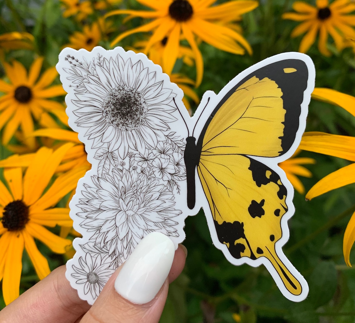 Clear Yellow Floral Butterfly Sticker Laptop Sticker - Etsy