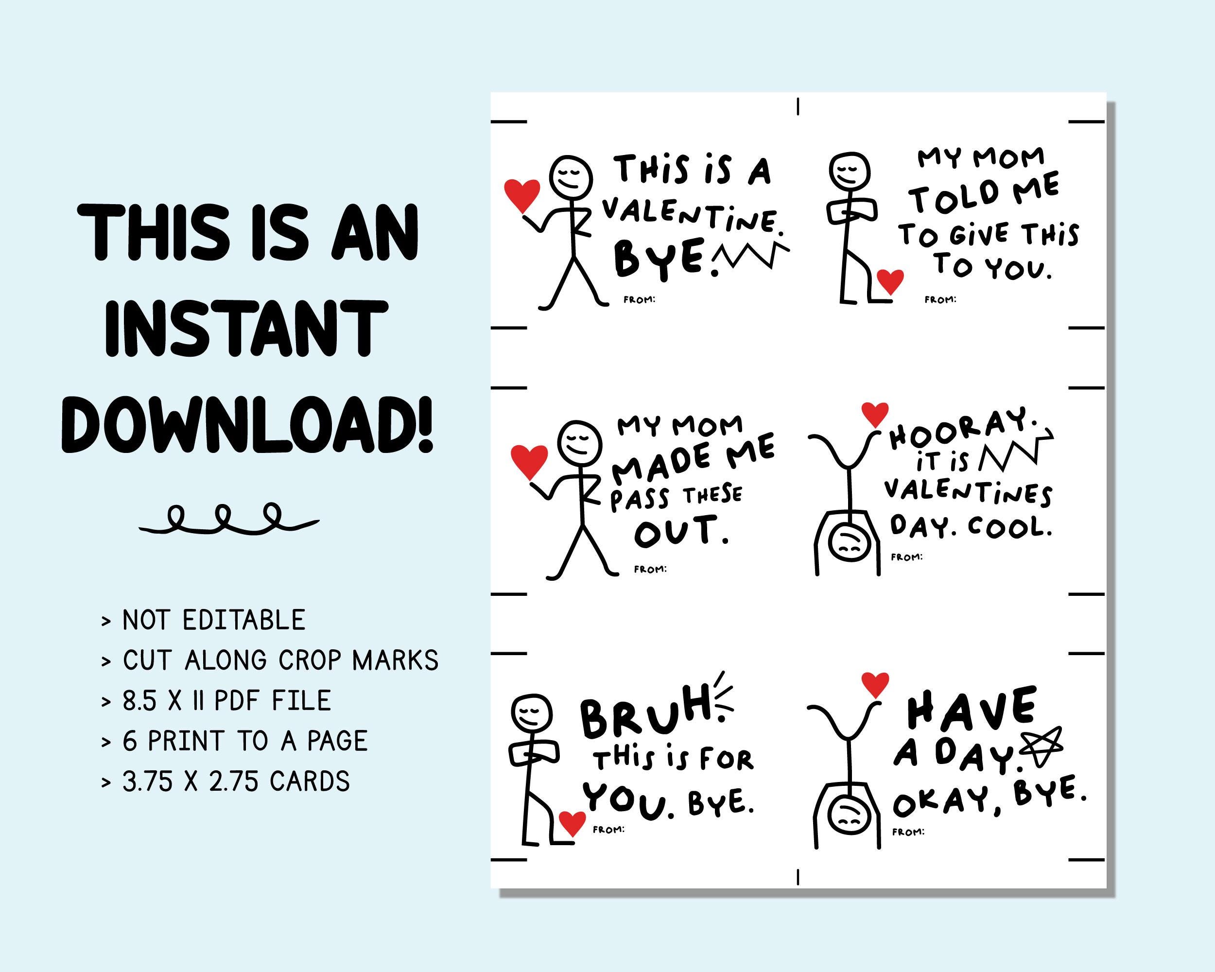 Funny Kids Valentine's Day Cards, Printable Classroom Valentine, Bruh ...