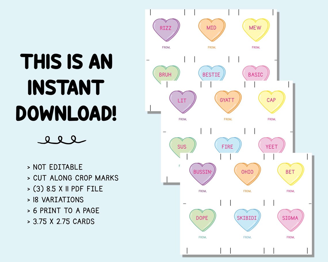 Conversation Heart Classroom Valentines Cards, Printable Classroom ...