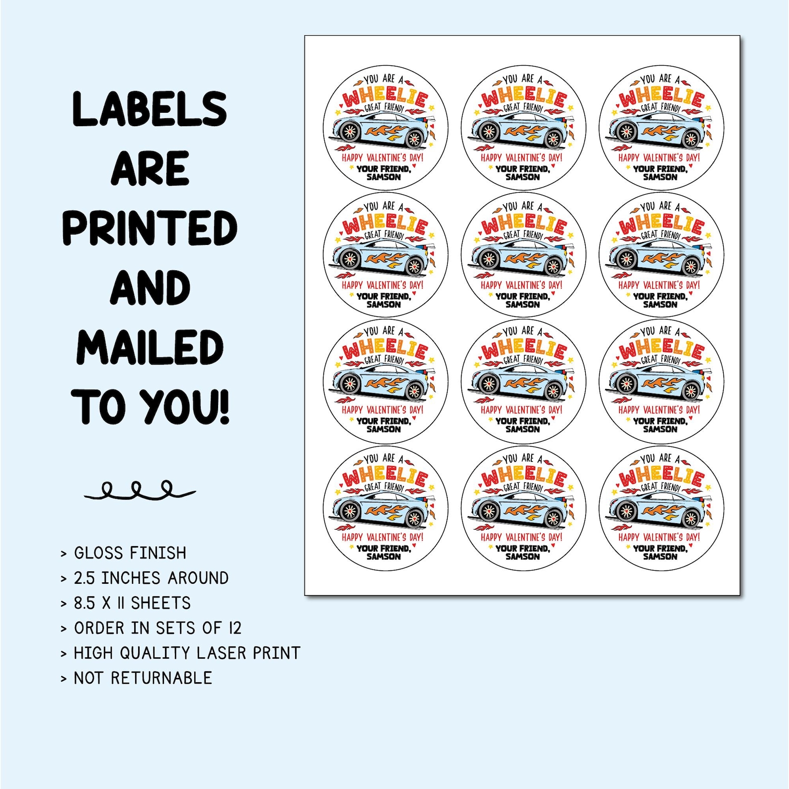 Toy Car Valentines Day Stickers, You Are a Wheelie Great Friend Labels ...