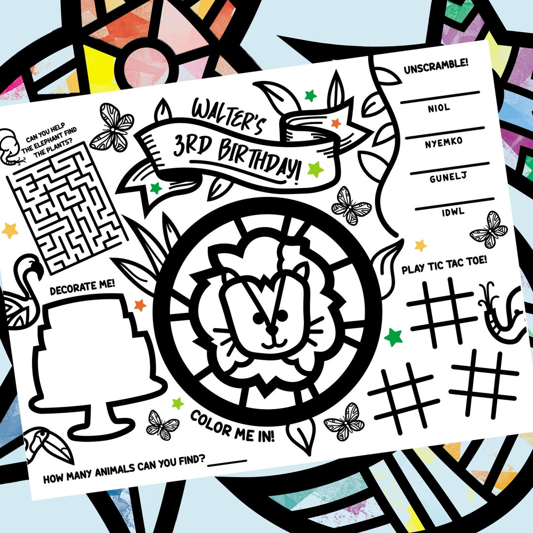 Young Wild and Three Coloring Placemat Activity for Safari Birthday ...