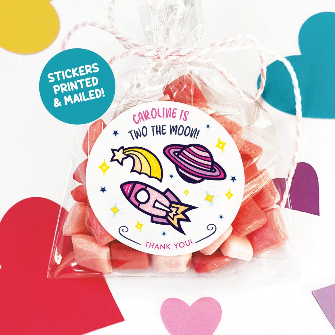 Two the Moon Birthday Sticker Favors, Printed Girl Outer Space Party ...