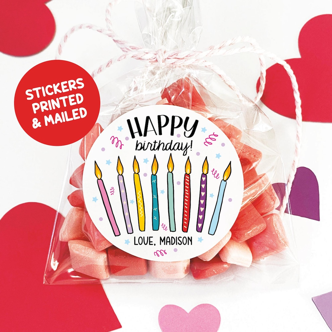 Happy Birthday Gift Labels Printed, Birthday Candles Favor Tag, Rainbow ...