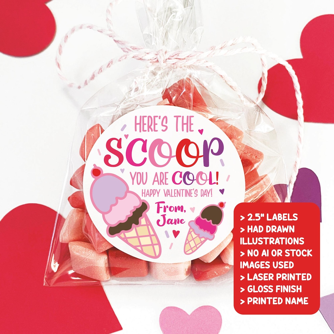 Ice Cream Scoop Valentine Labels, Kids Classroom Valentines Day ...