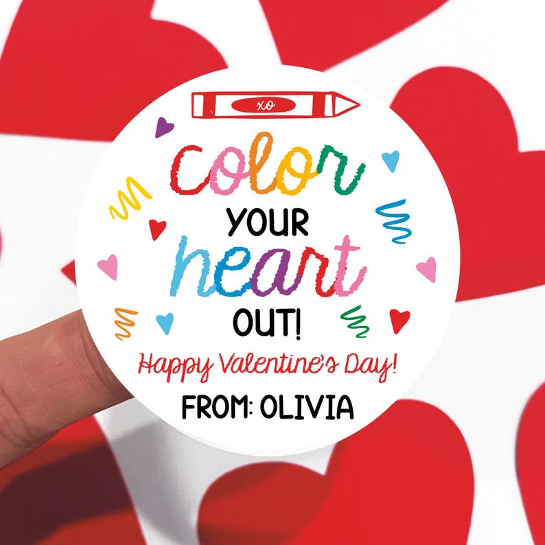 Crayon Valentines Day Printed Labels, 2.5 Round Coloring Stickers for ...