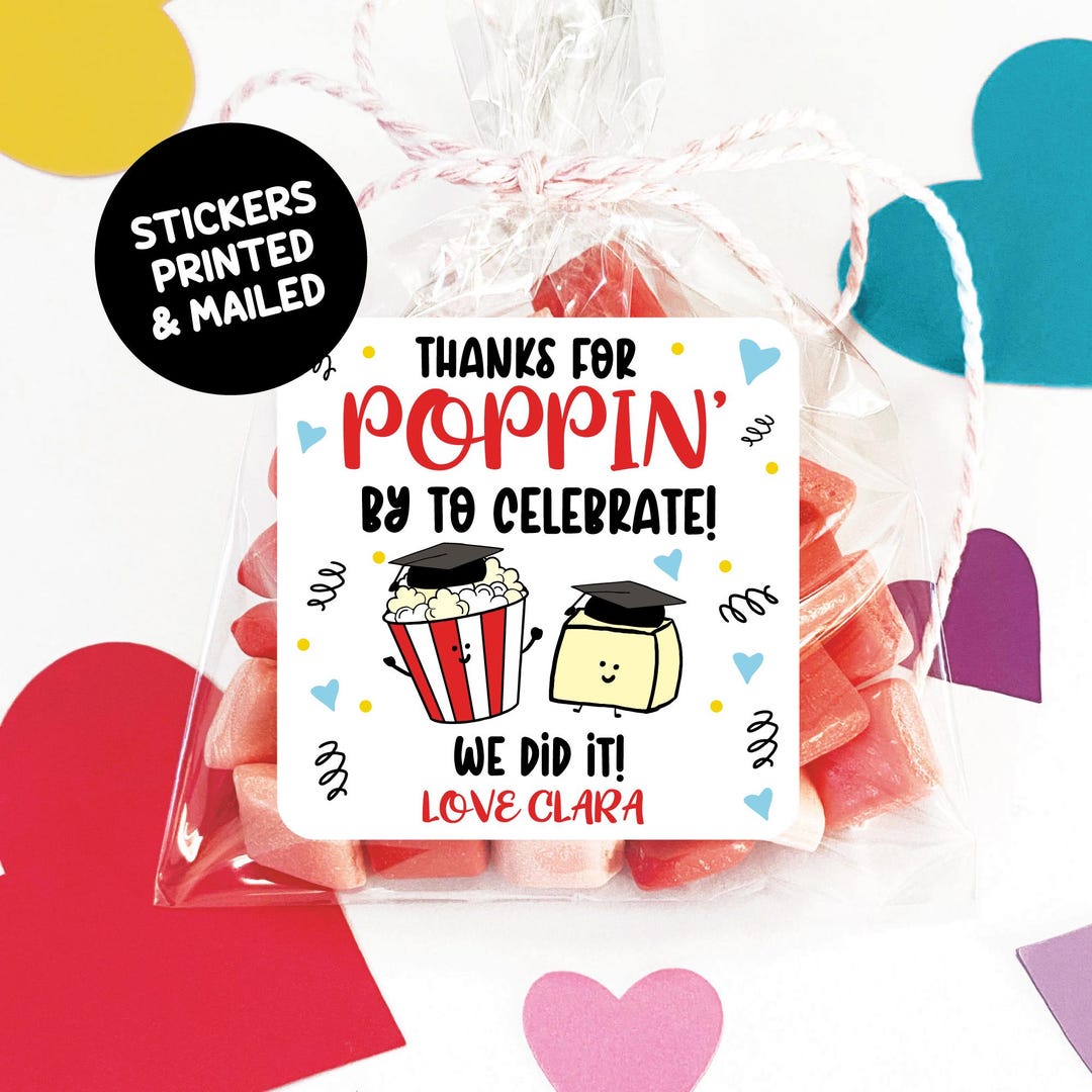 Popcorn Graduation Party Favor Treat Bag Stickers, Personalized Poppin ...