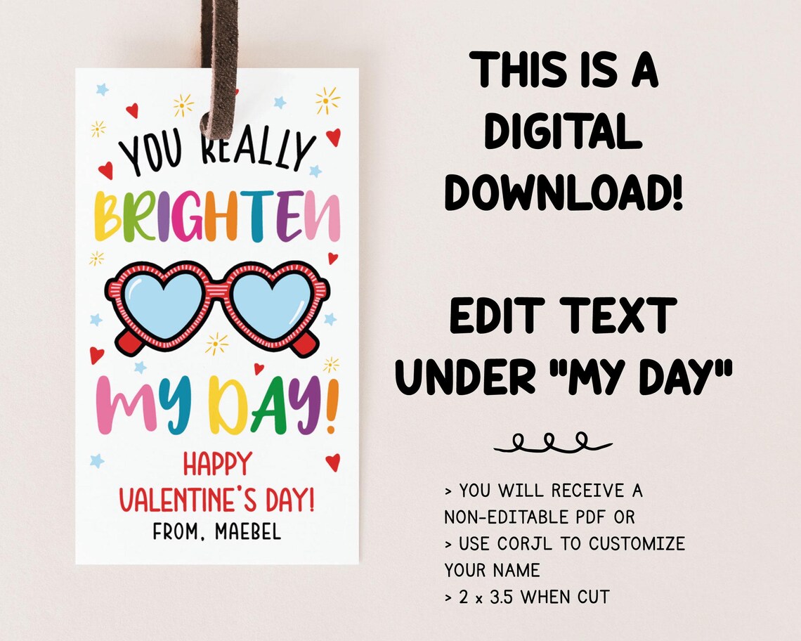 Sunglasses Valentine Printable, Brighten My Day Valentine's Day Gift ...