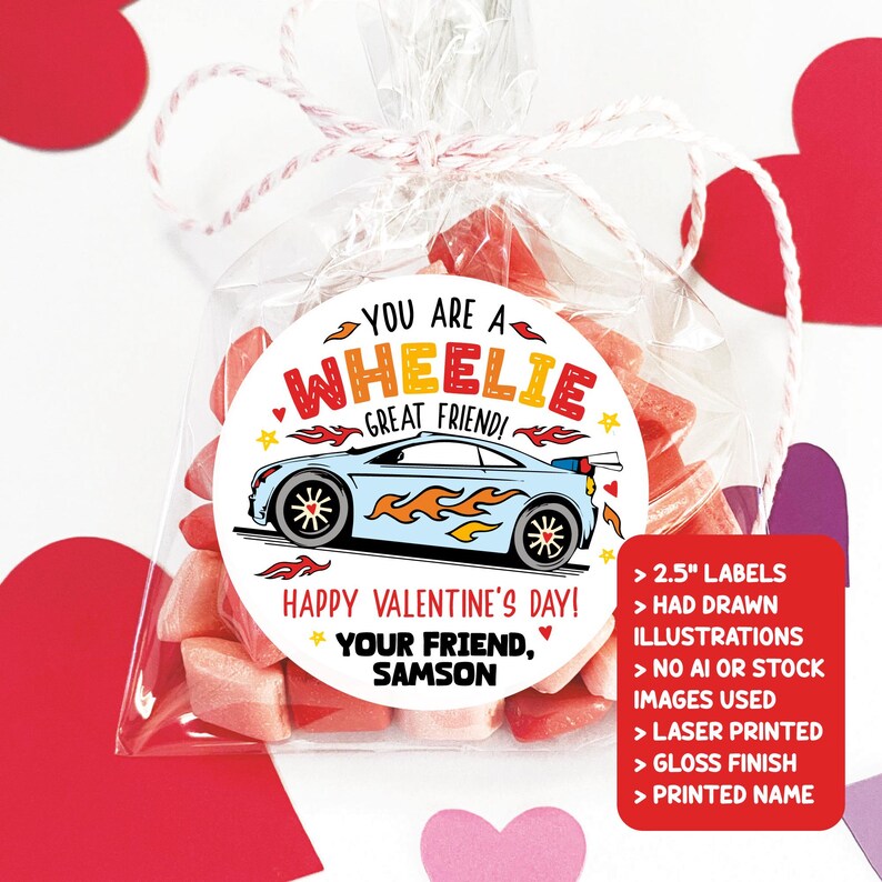 Toy Car Valentines Day Stickers, You Are a Wheelie Great Friend Labels ...