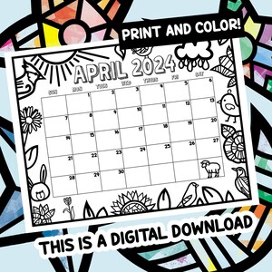 April 2024 Calendar, Printable Coloring Kids Calendar, Preschool ...