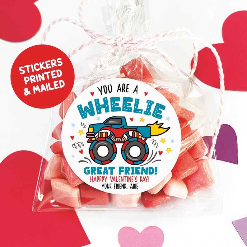 Monster Truck Valentines Day Circular Stickers, You Are a Wheelie Great ...