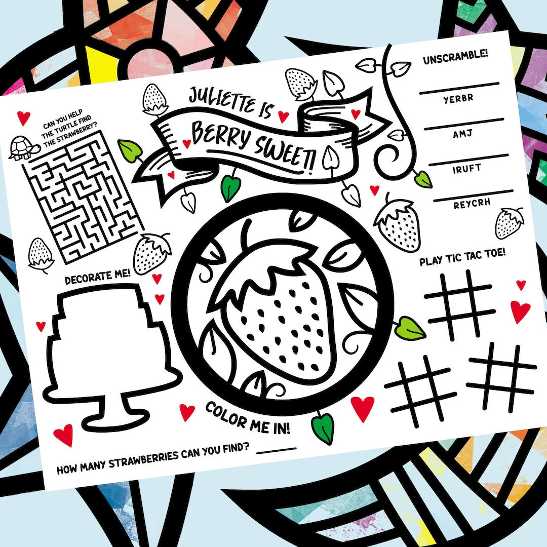 Berry Sweet Personalized Coloring Placemat Activity for Strawberry ...