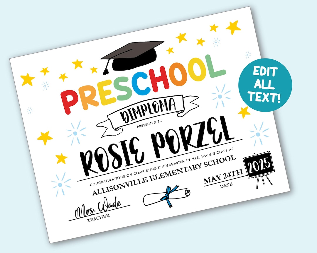 Printable Preschool Diploma, Editable School Diploma Certificate, Pre K ...